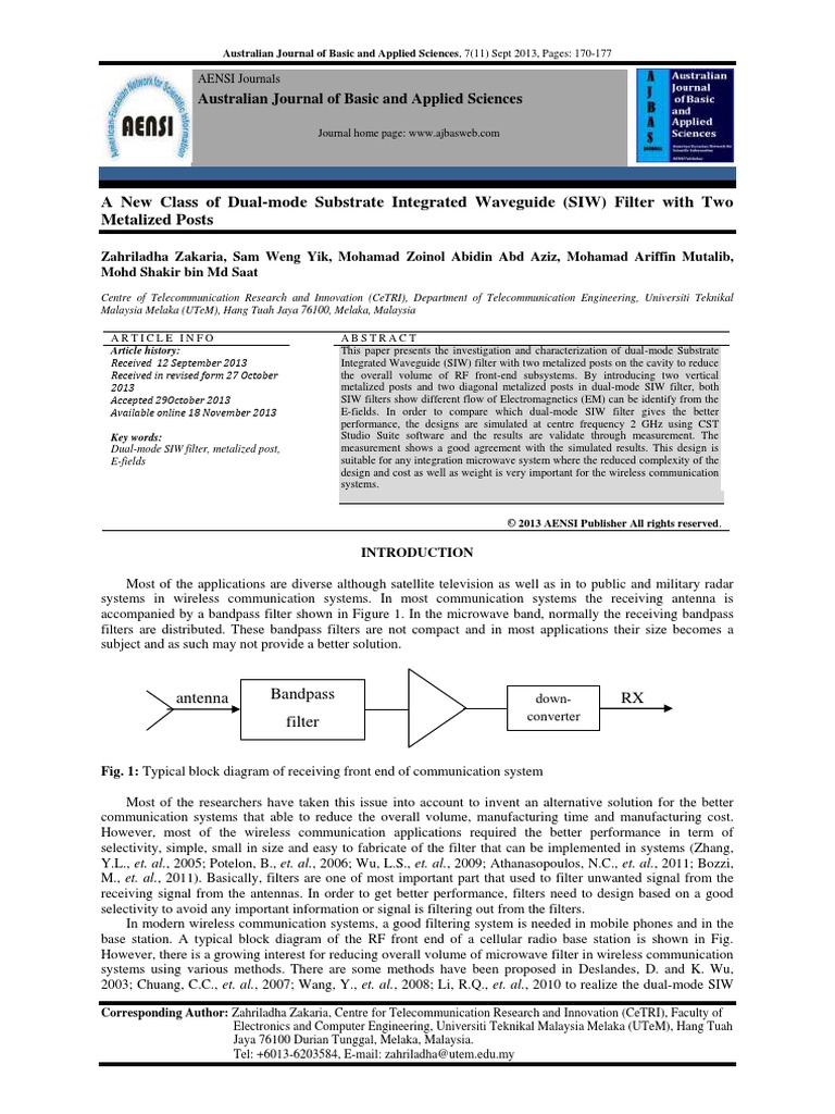 A New Class of Dual-Mode Substrate Integrated Waveguide (SIW) Filter With Two Metalized Posts. 2 ...