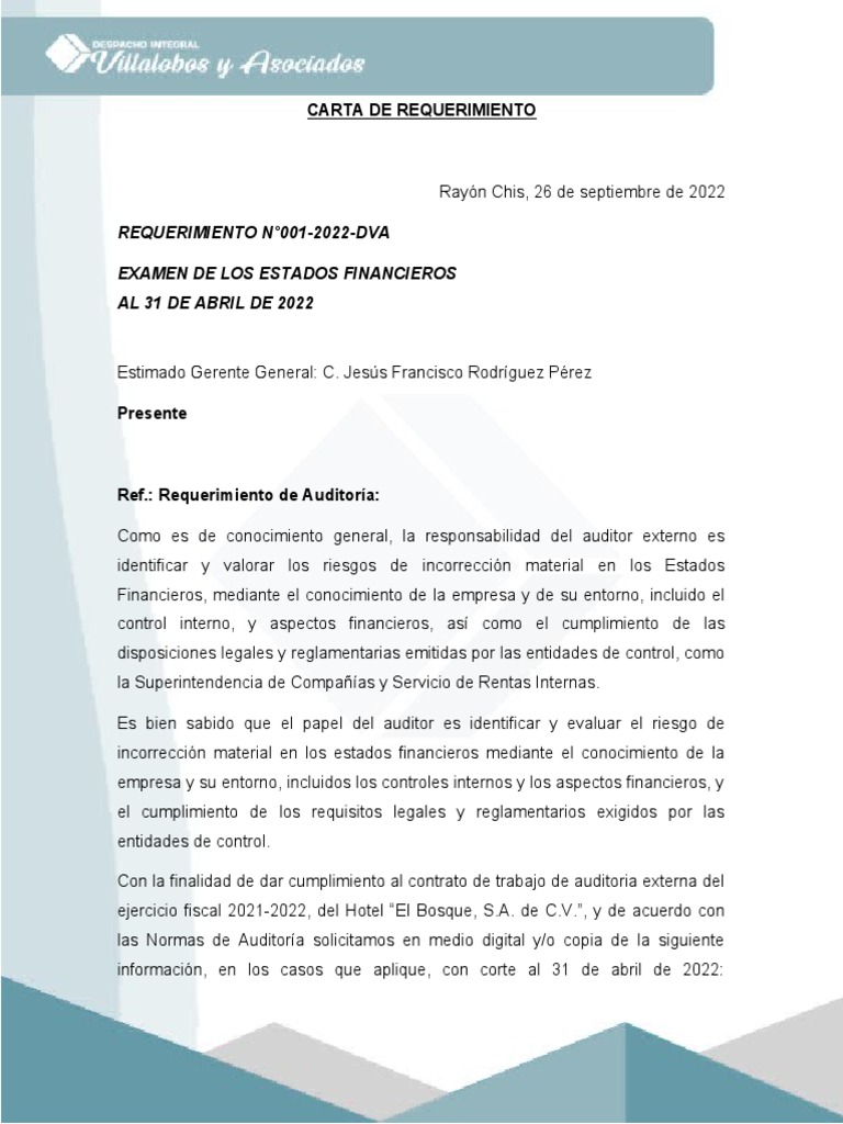 Carta de Requerimiento | PDF | Auditoría | Economias