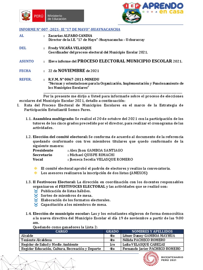 Informe 7 MunicipioElectoral 21 | PDF | Alcalde | Ley politica