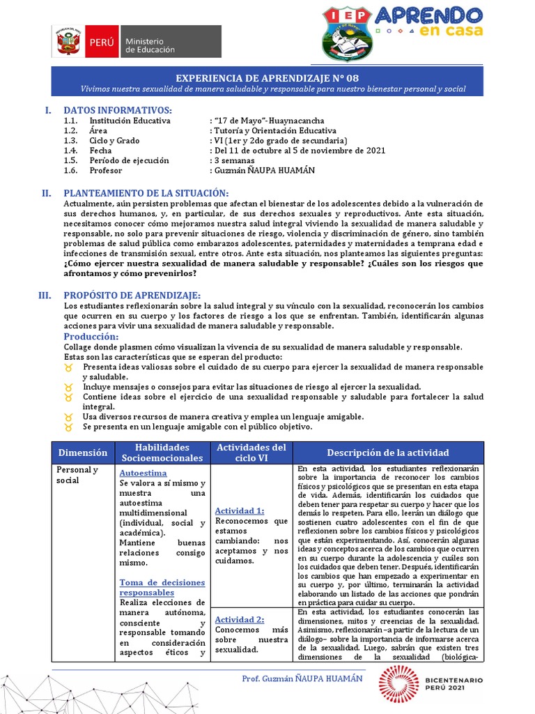 Experiencia Aprendizajevi 7 Pdf Sexualidad Aprendizaje