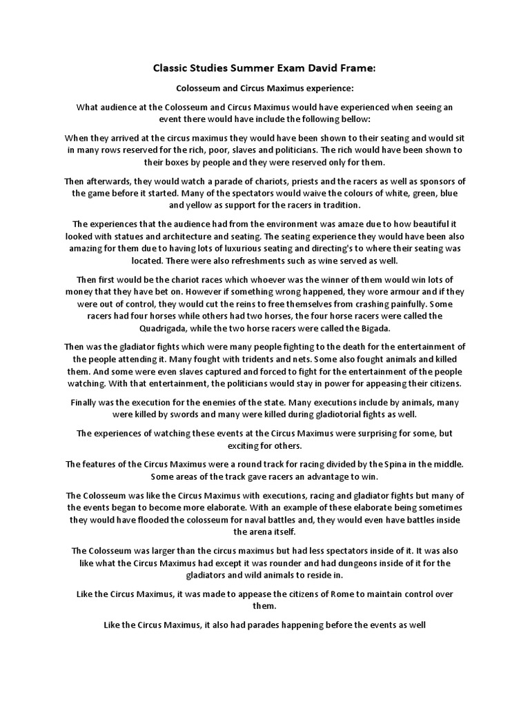 Classic Studies Summer Exam David Frame | PDF | Circus | Gladiator