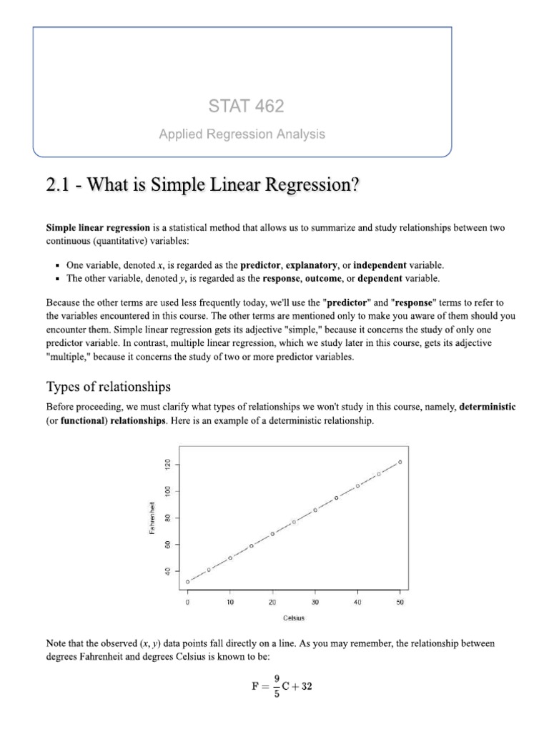 2.1 - What Is Simple Linear Regression - STAT 462 | PDF