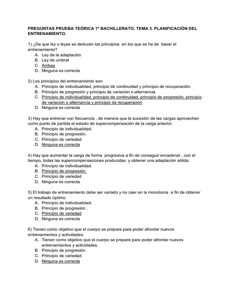 Preguntas Tema 3. 1º Bach. Planificación Entrenamiento | PDF | Resistencia