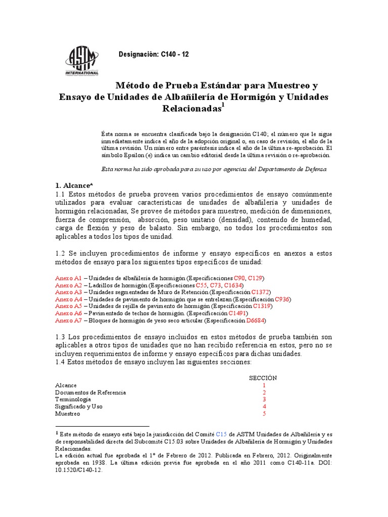 ASTM C140-12 Español | PDF | Medición | Hormigón