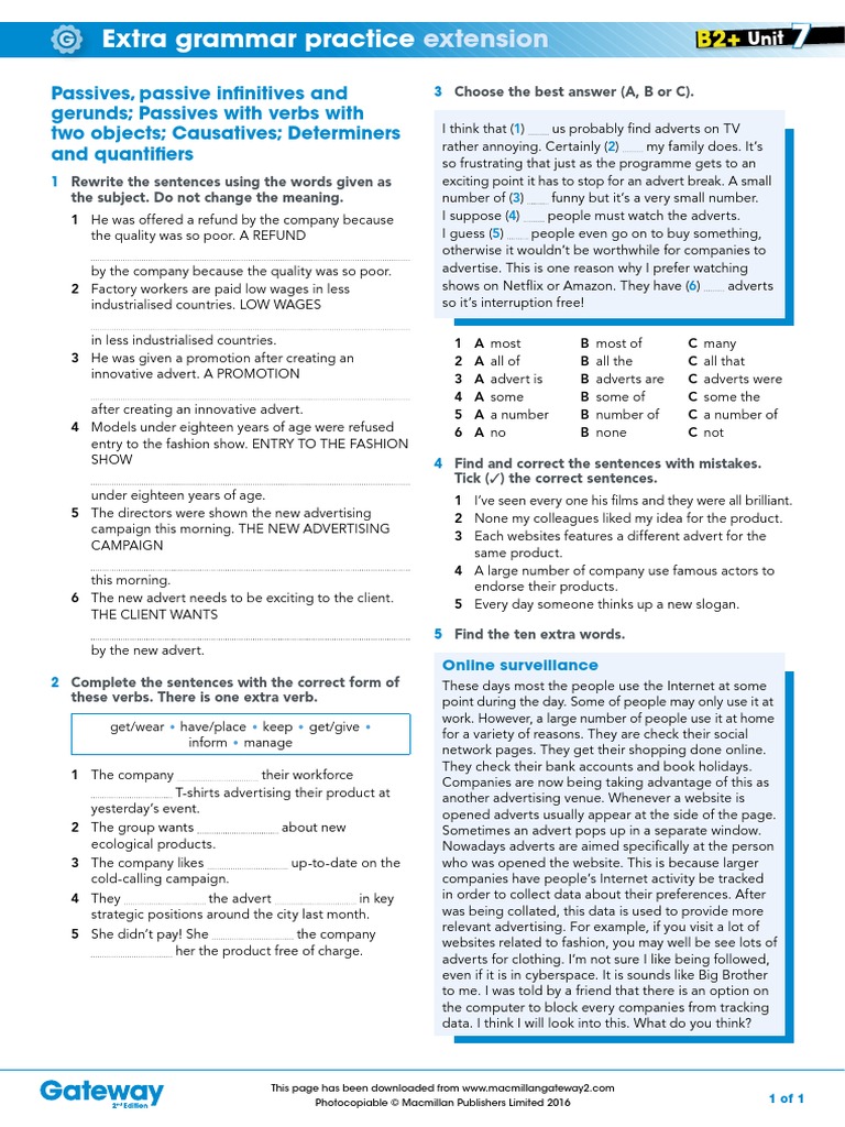 B2+ UNIT 7 Extra Grammar Practice Extension | PDF | Advertising ...