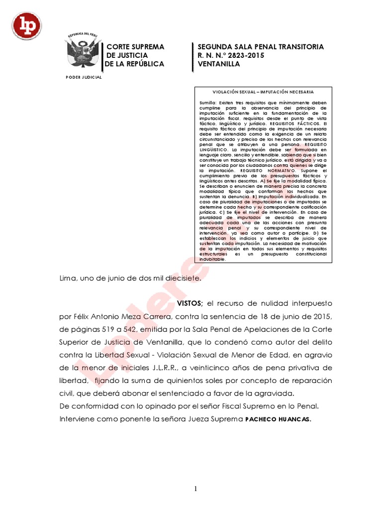 RN 2823 2015 Ventanilla LP | PDF | Derecho penal | Violación