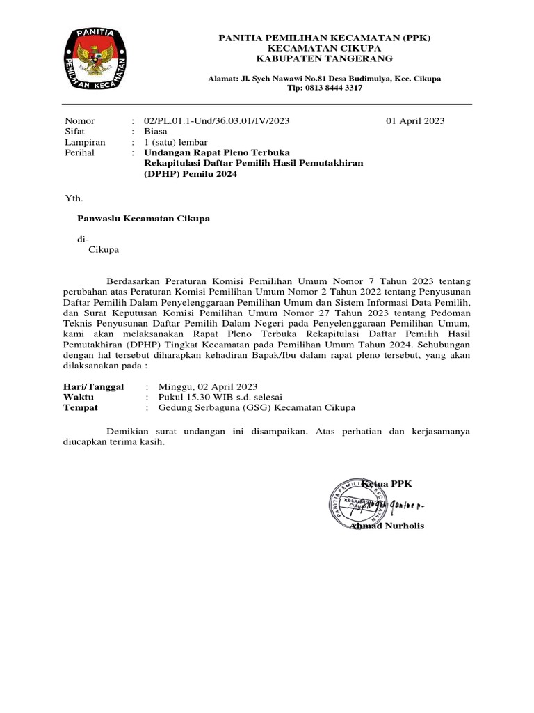 Rapat Pleno DPHP Pemilu 2024 Cikupa | PDF
