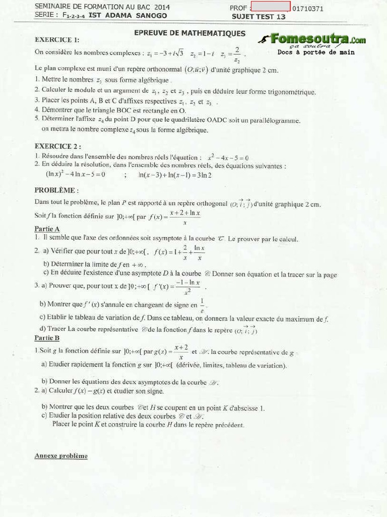 Sujet de Maths Bac Blancs Serie f1 f2 f3 f4 Adama | PDF