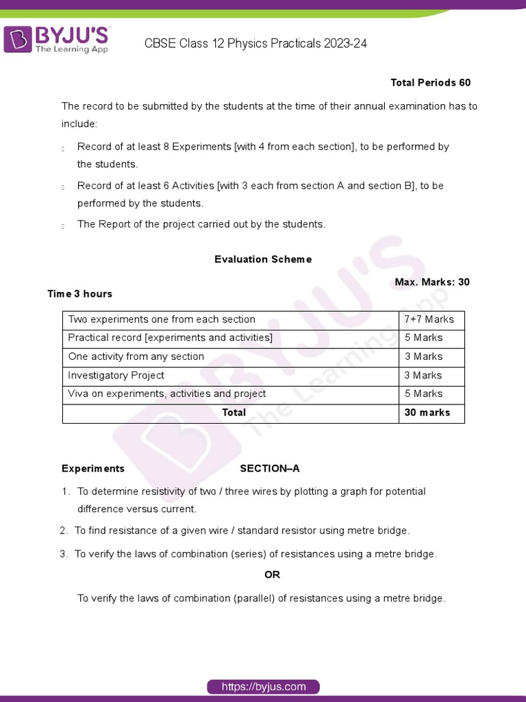 Class 12 Physics Practical Guide 2023-24 | PDF | Electrical Resistance ...