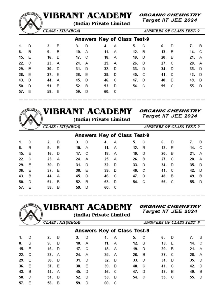 Class Test 9 Answers for IIT JEE 2024 | PDF | Schools | Engineering