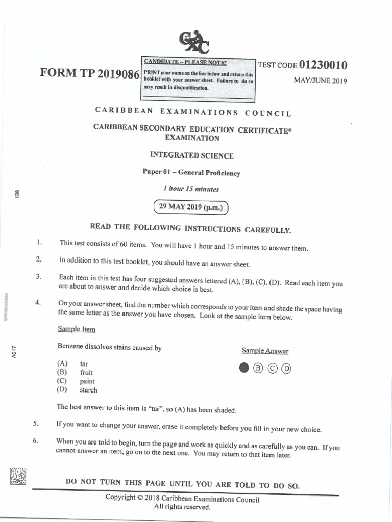 CSEC Intergrated Science P1 2019 | PDF