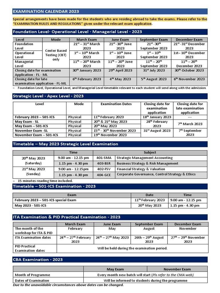 CMA Sri Lanka Examination Calendar - 2023 - Updated - 07!03!2023 | PDF ...