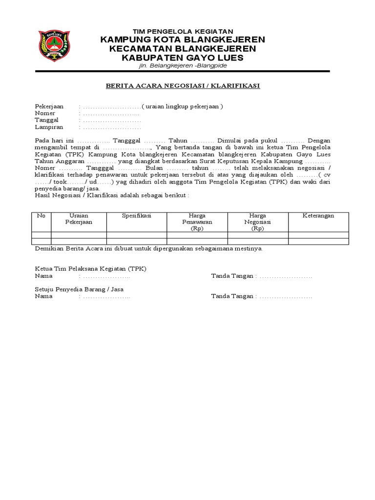 Contoh Berita Acara Negosiasi TPK | PDF