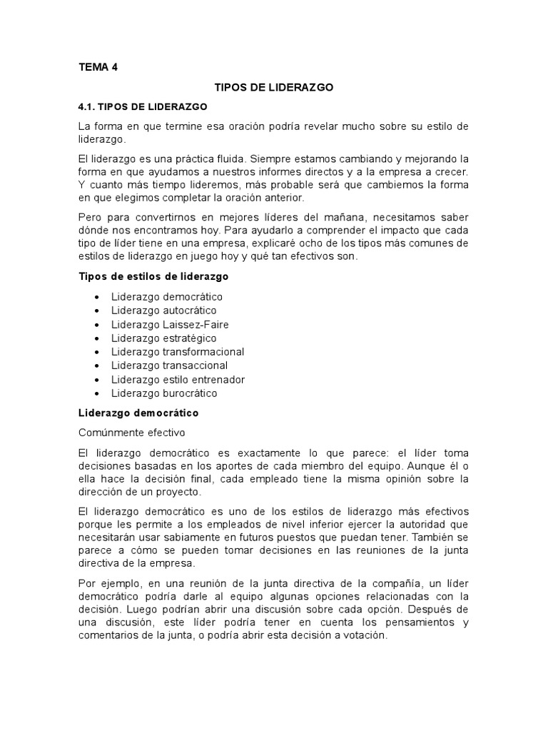 Tema 4 Tipos de Liderazgo | PDF | Liderazgo | Comportamiento