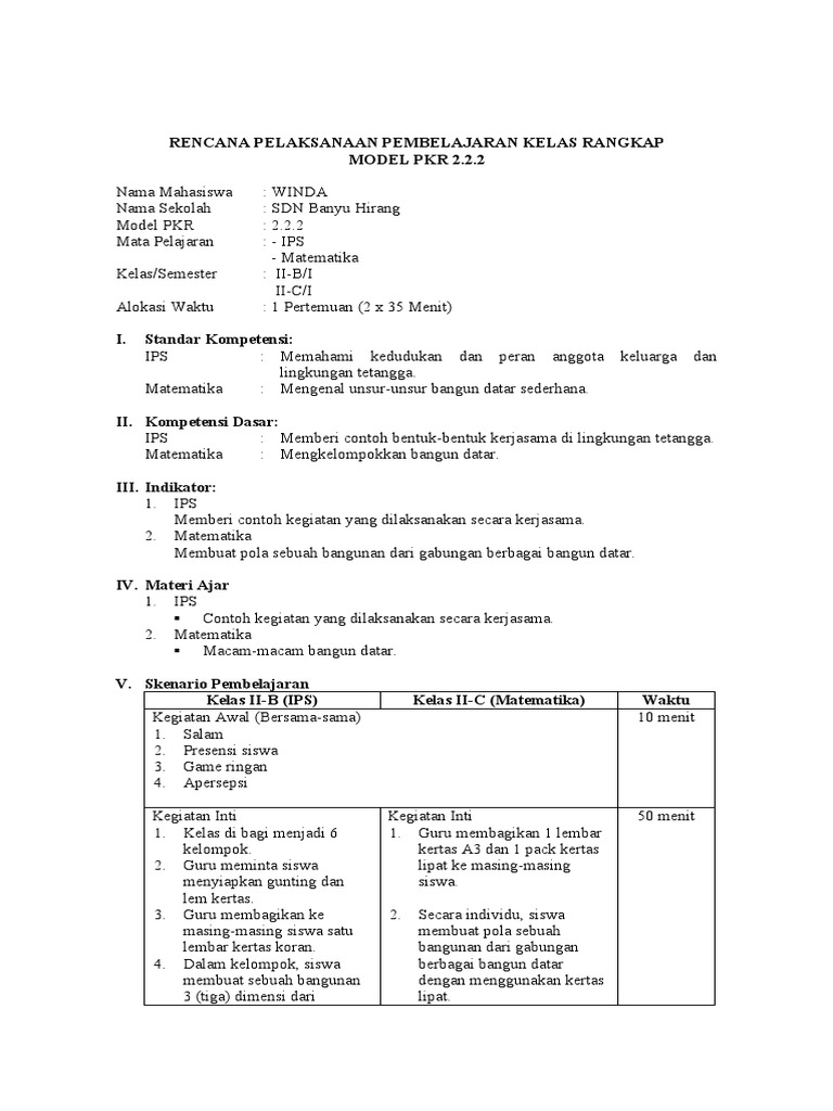 RPP PKR Kelas 2a Dan 2B Model 222 | PDF