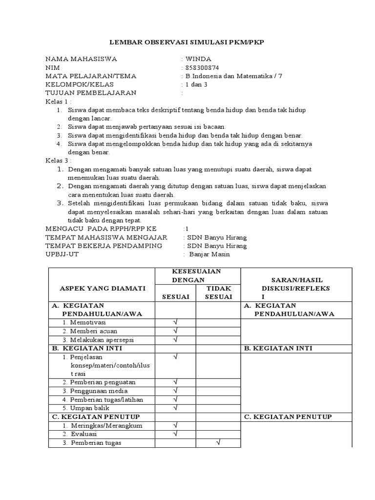 Lembar Observasi Dan Refleksi PKR | PDF