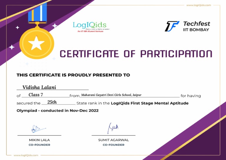 Certificate of Logiqids Clss 7 Vinu | PDF