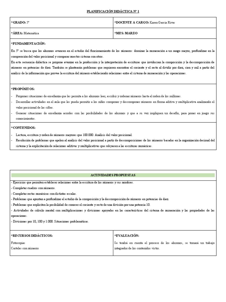 5to - Planificación Matemática Marzo | PDF | Enseñando | División ...