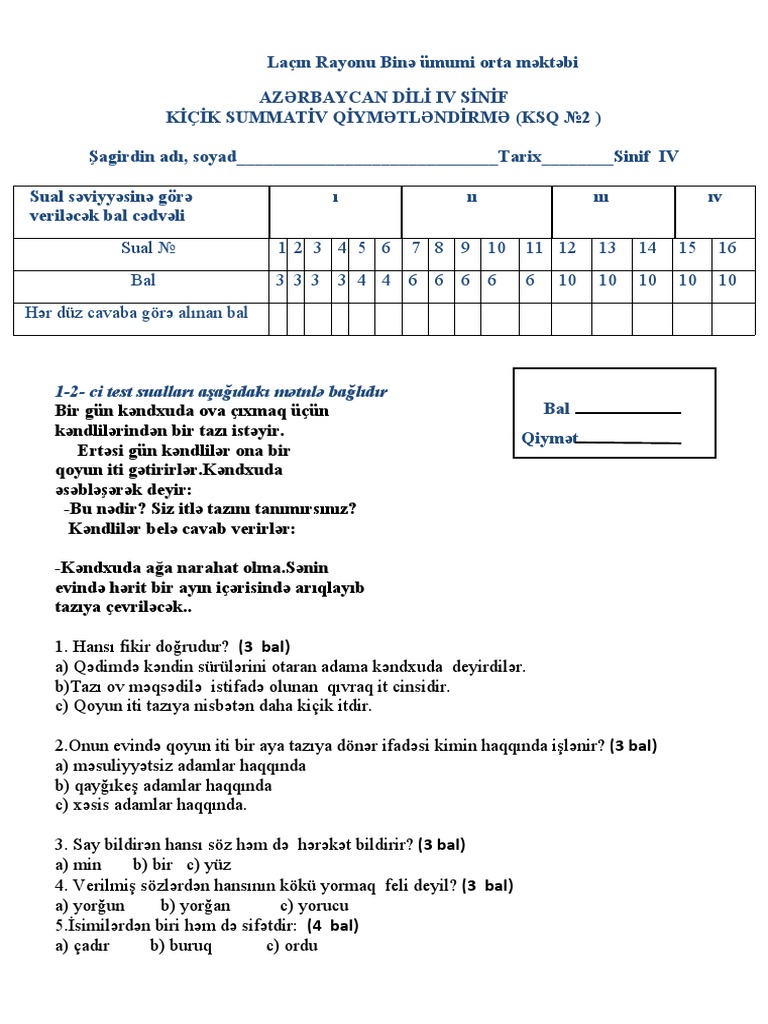 4 - Cu Sinif Azerbaycan Dili KSQ-2 (MUTELLİM BEHBUDOV) | PDF