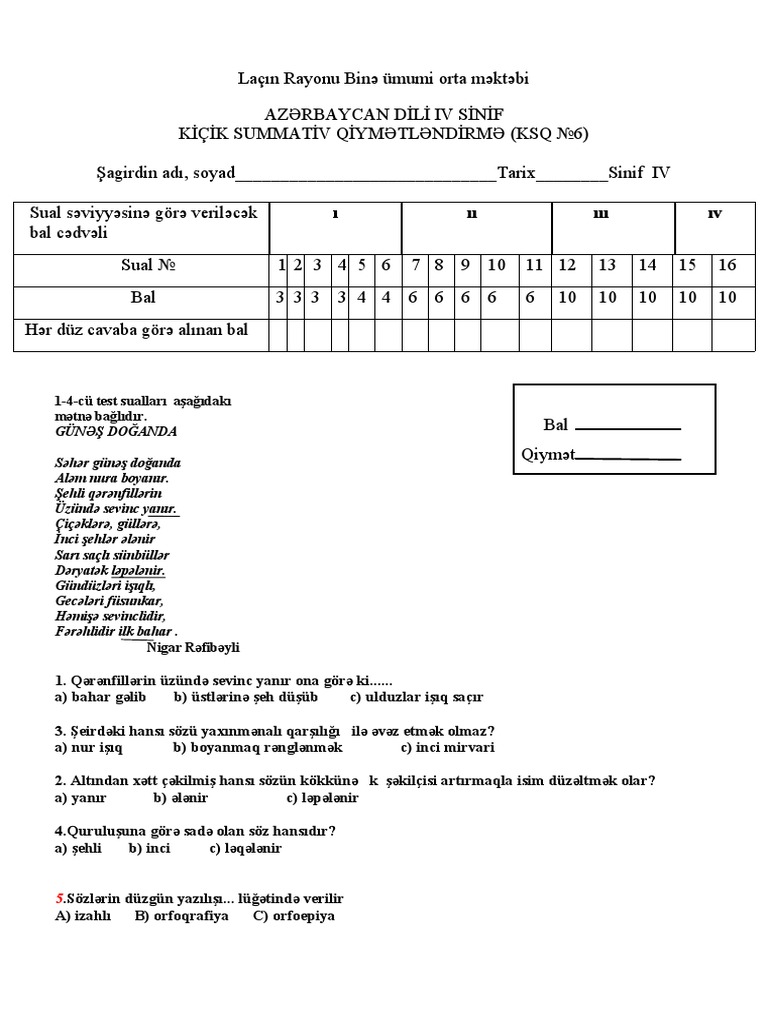 4 - Cu Sinif Azerbaycan Dili KSQ-6 (MUTELLİM BEHBUDOV) | PDF