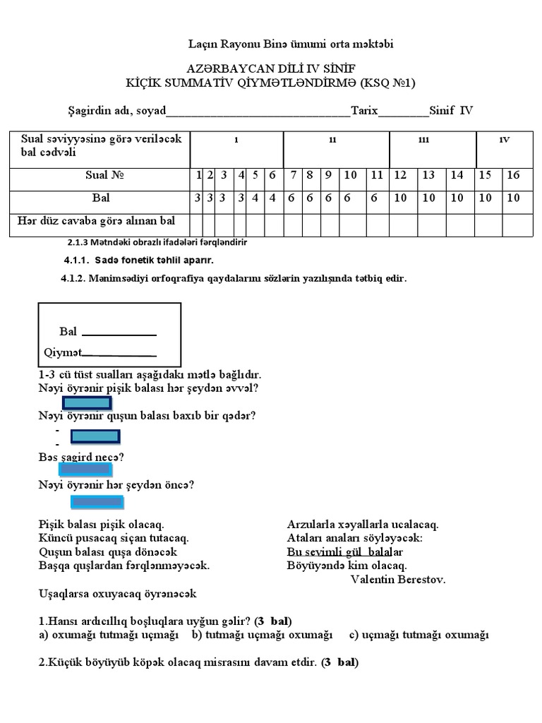 4 - Cu Sinif Azerbaycan Dili KSQ-1 (MUTELLİM BEHBUDOV) | PDF