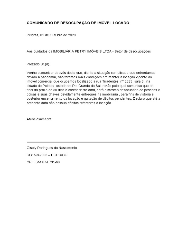 Modelo Comunicado de Desocupação de Imóvel Locado | PDF