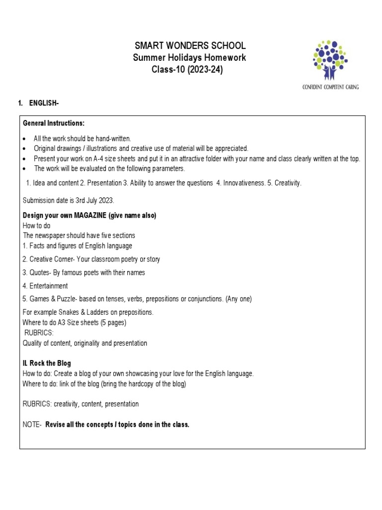 Class 10 - Summer Holiday Homework 2023 | PDF | Brand | Hiv/Aids