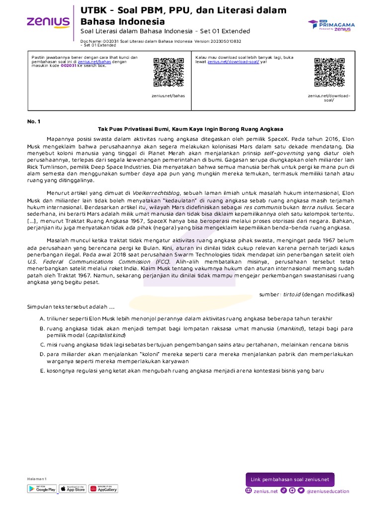 Soal Literasi Dalam Bahasa Indonesia - Set 01 Extended | PDF