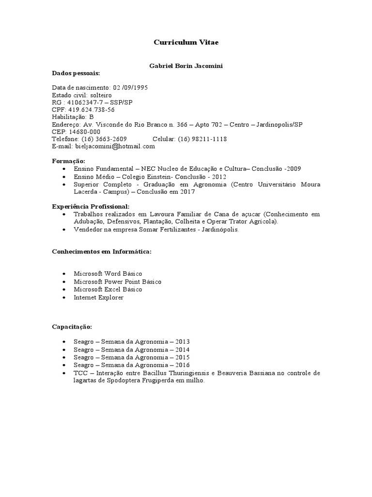 Curriculo Gabriel Jacomini 2 | PDF | Carreira e Crescimento | Ciências ...