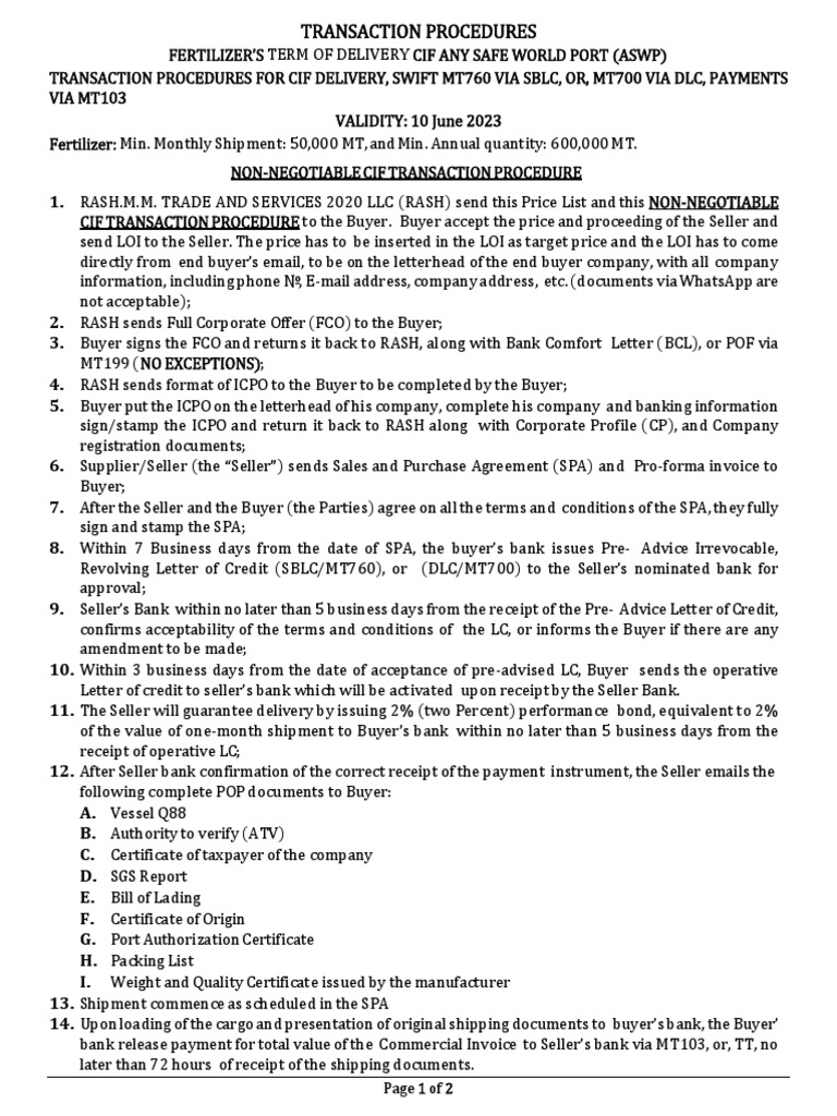 CIF Fertilizer Transaction Procedures | PDF | Letter Of Credit | Financial Services