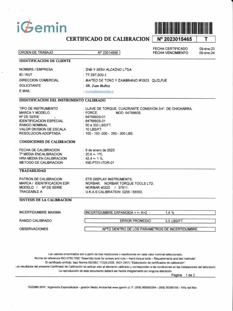 Certificado de Calibracion Llave Torque | PDF | Calibración | Metrología