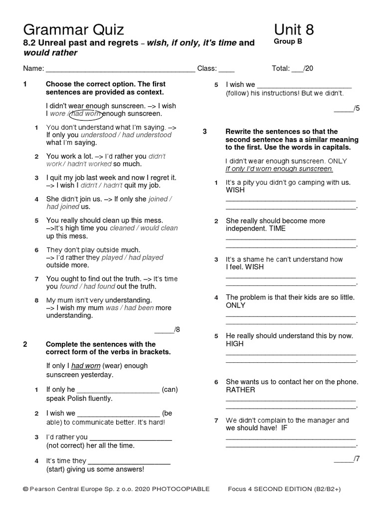 Focus4 2E Grammar Quiz Unit8.2 GroupB 2kol | PDF | Linguistic Morphology | Languages