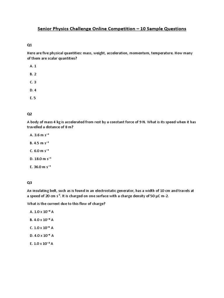 Senior Physics Challenge Online Competition - 10 Sample Questions | PDF