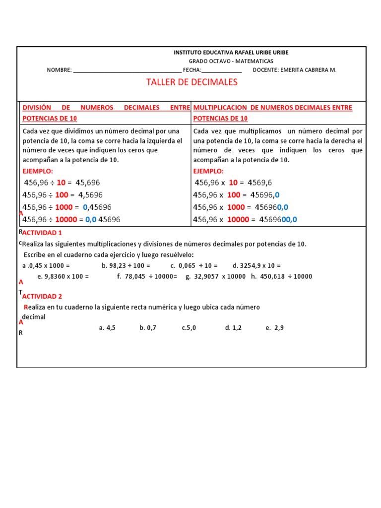 Taller de Operaciones con Decimales | PDF | Matemática Elemental ...