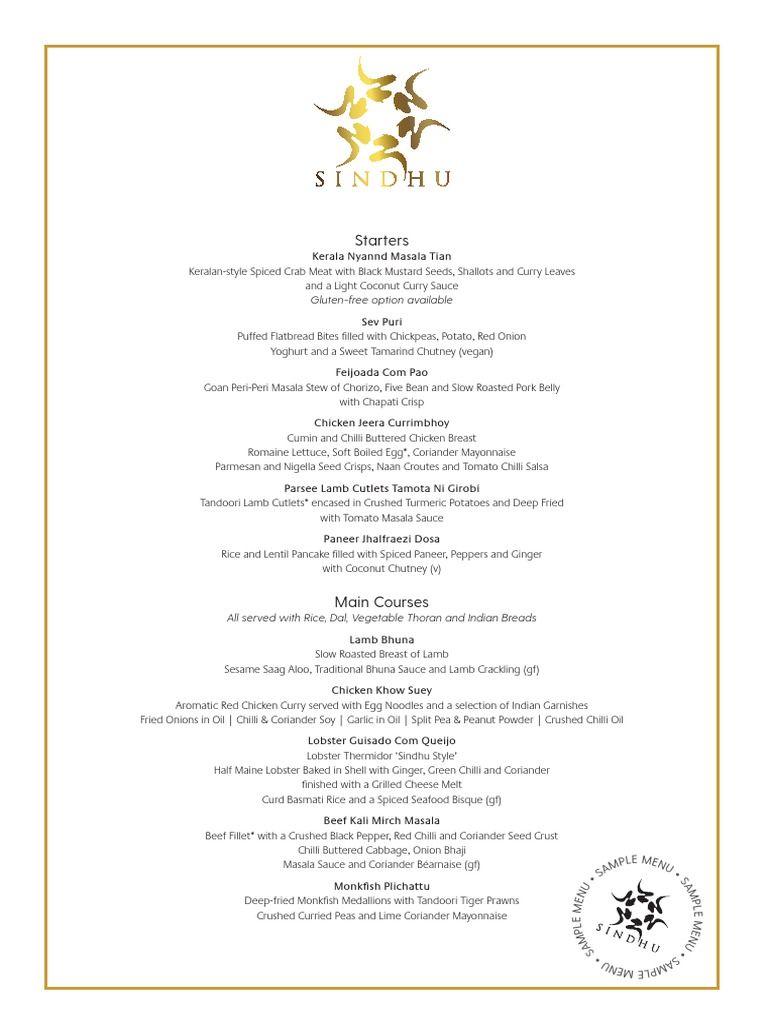 IA Sindhu SampleMenu | PDF | Indian Cuisine | Curry