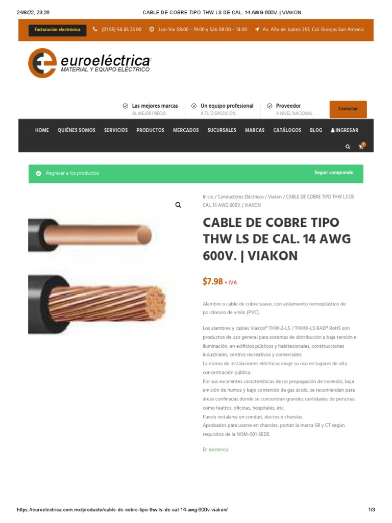 Cable de Cobre Tipo THW LS de Cal. 14 Awg 600V. - Viakon | PDF | Cobre ...