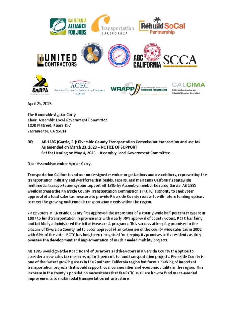 AB 1385 Support Letter From Transportation California | PDF | Politics ...