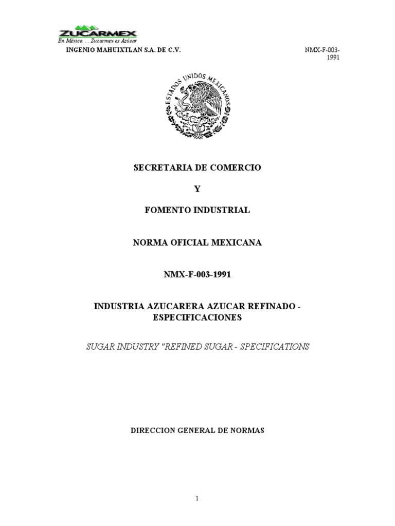 Espesificaciones Az Ref NMX-F-003-1991 | PDF | Azúcar | Dieta y nutrición