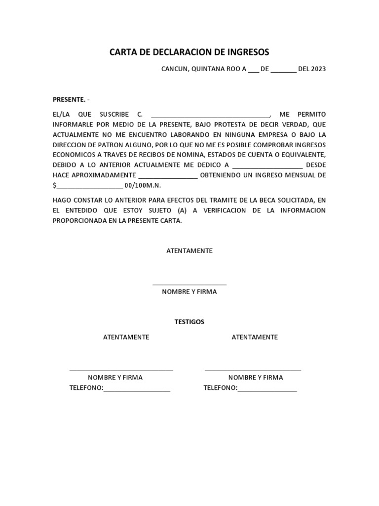 Carta de Declaracion de Ingresos | PDF | Finanzas y dinero