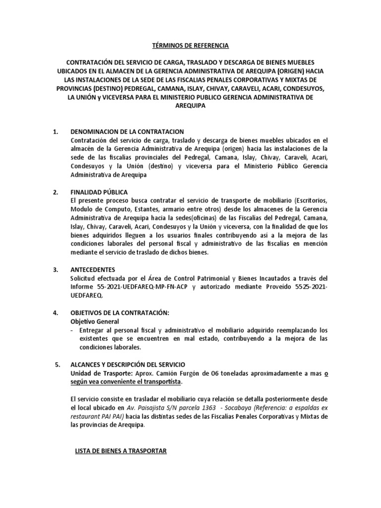 Términos de Referencia Transporte | PDF