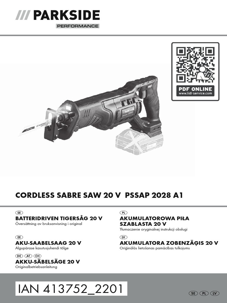 Cordless Sabre Saw 20 V Pssap 2028 A1: Batteridriven Tigersåg 20 V ...