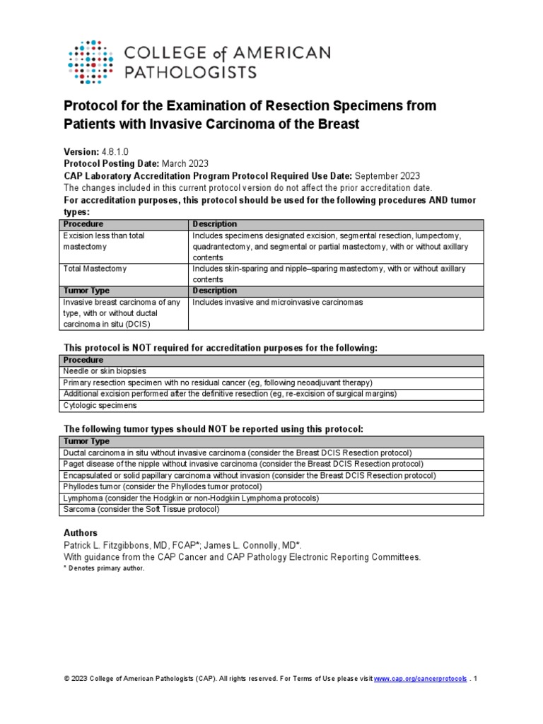 Breast Carcinoma Resection Protocol 2023 | PDF | Biopsy | Metastasis