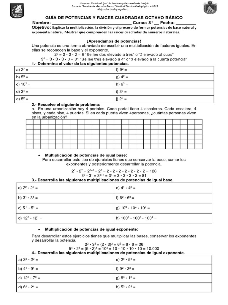 Guía de Potencias y Raices Cuadradas Octavo Básico | PDF | Exponenciación | Multiplicación