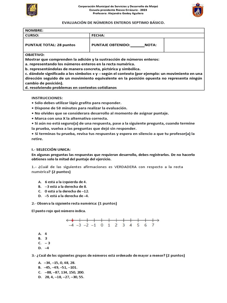 Evaluación de Números Enteros Septimo Básico 2023 | PDF | Entero