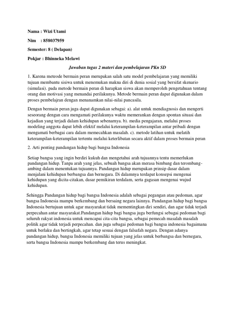 Jawaban Tugas 2 Materi Dan Pembelajaran PKN SD | PDF