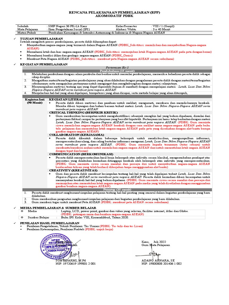 Rencana Pelaksanaan Pembelajaran (RPP) Akomodatif PDBK: Pendahuluan (15 ...