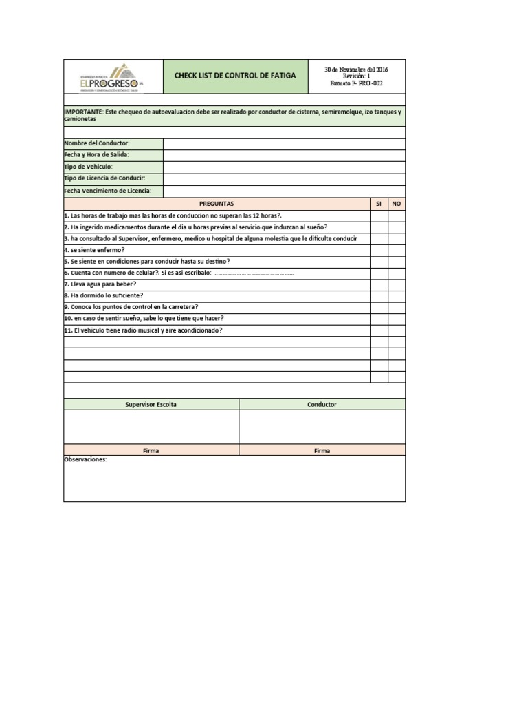 F-Pro-002 Formato de Control de Fatiga - El Progreso S.R.L | PDF
