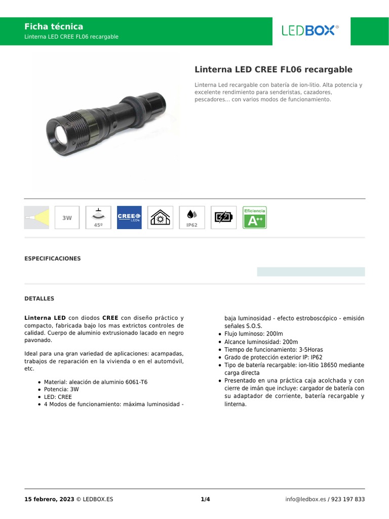 Linterna LED CREE FL06 Recargable | PDF | Diodo emisor de luz | Linterna