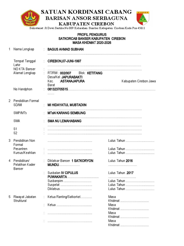 Formulir Data Profile Pengurus Satkorcab Mh. 2020-2026 | PDF