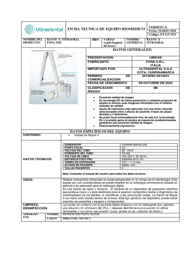 Ficha Técnica Rayos X Intraoral Fona XDC | PDF | Rayo X | Radiología